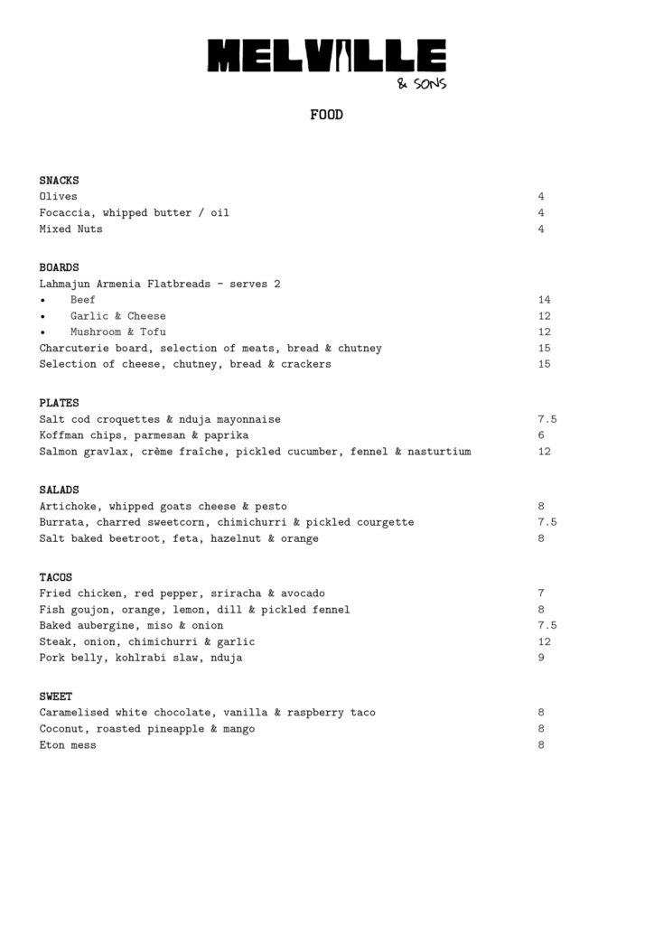 Menu - Melville & Sons